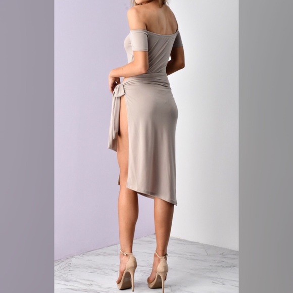 Dresses | Hp Elise Taupe Side Tie Up Midi | Poshmark